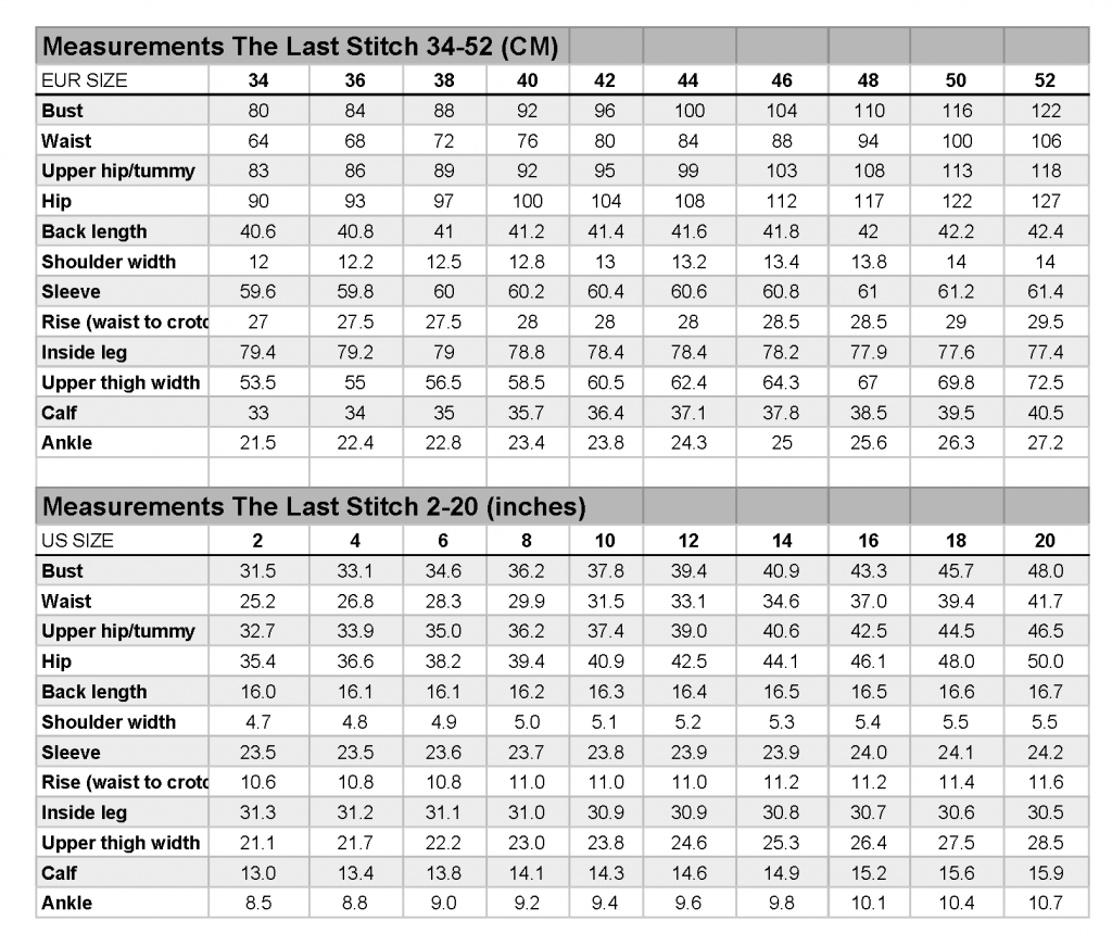 Size Chart The Last Stitch Patterns - The Last Stitch